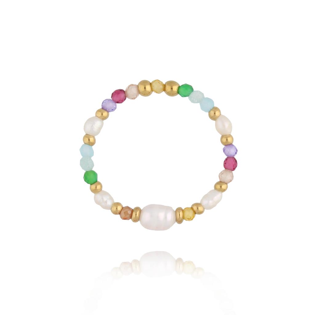 Pierścionek elastyczny kolorowy z perłami PSC0628 – By Dziubeka